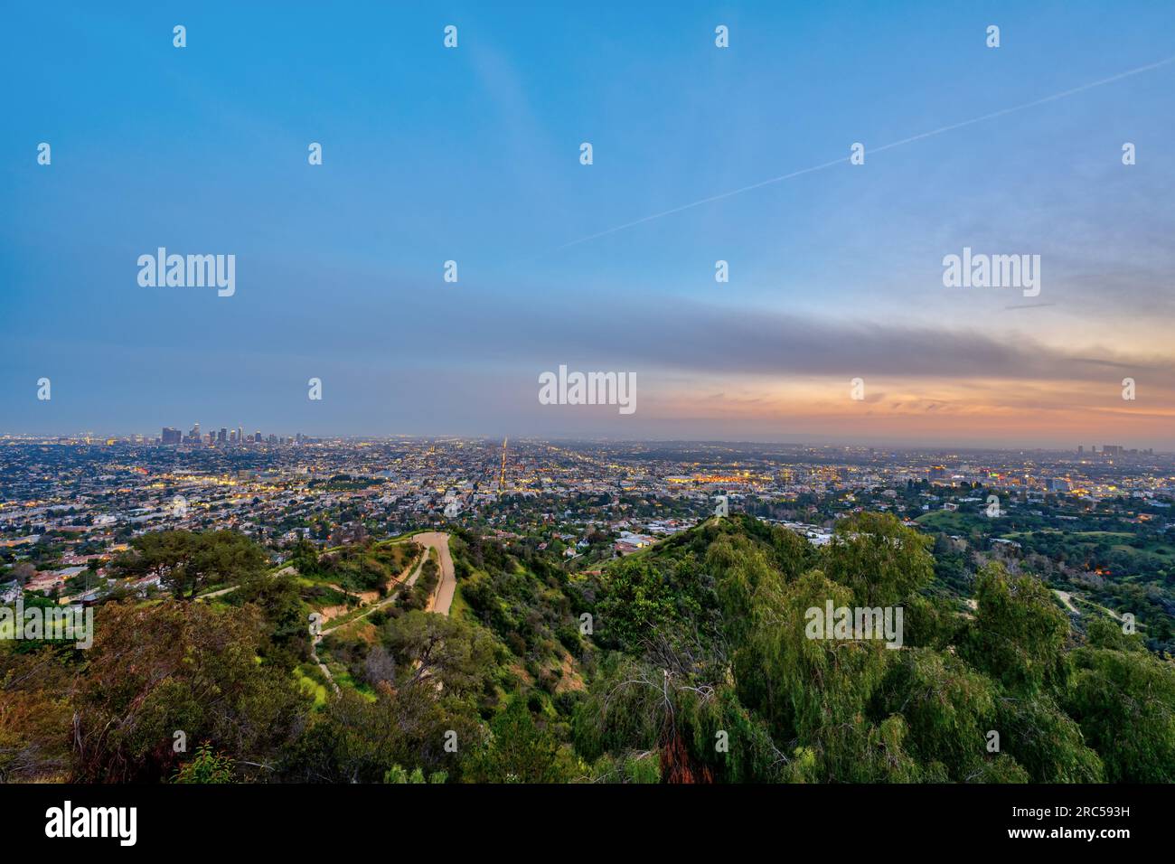 View over Los Angeles with the downtown skyline after sunset Stock ...