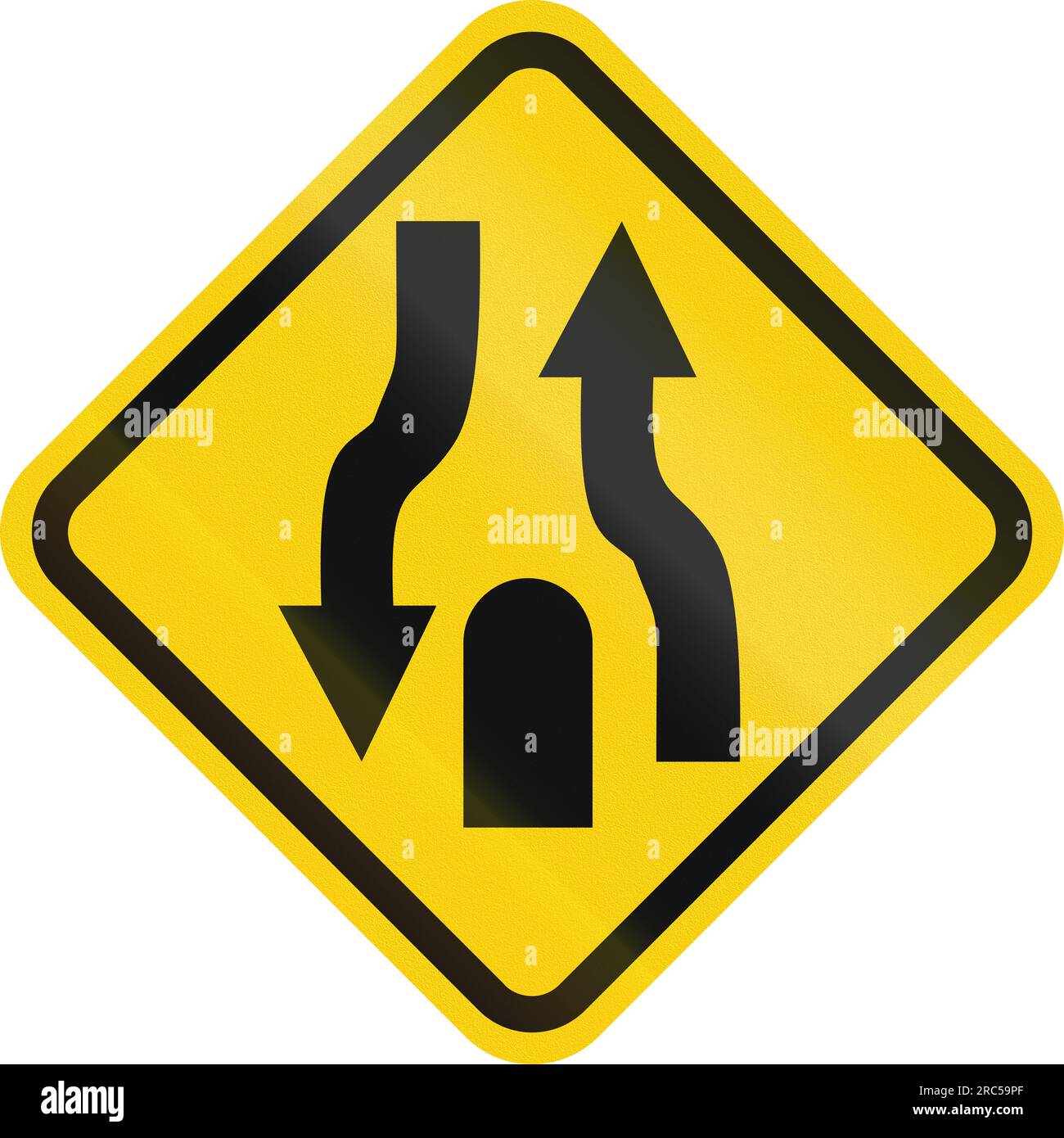 Colombian road warning sign: Central Reserve With Two Way Traffic Ends ...
