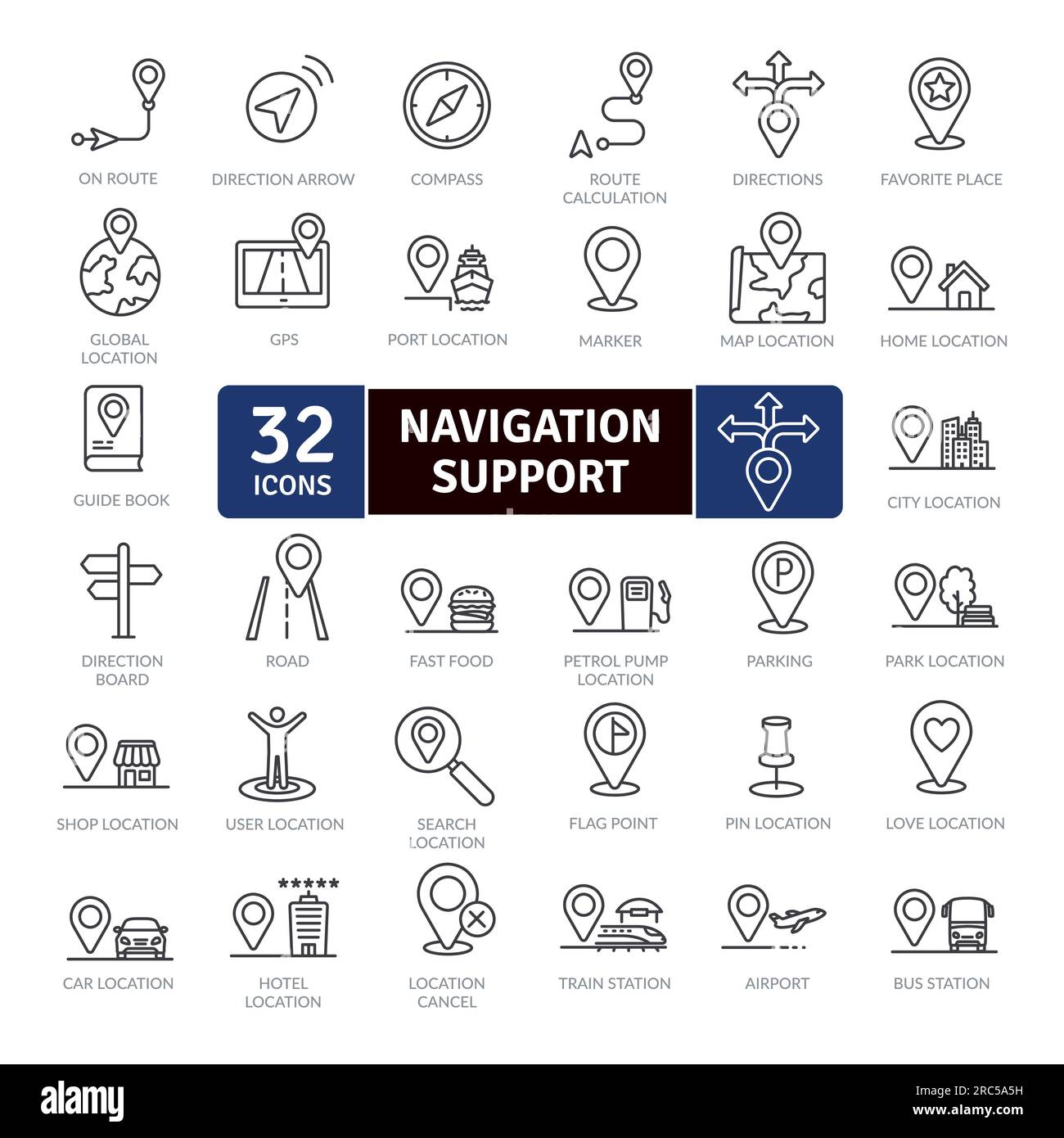 Terrestrial navigation support icon pack. Collection of thin line icons ...