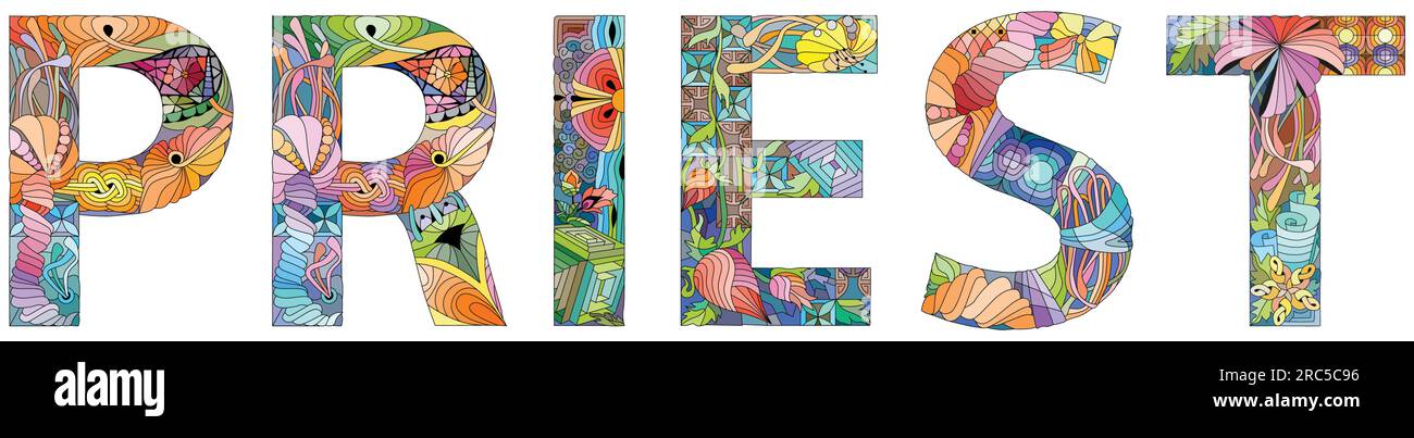 Hand-painted art design. Hand drawn illustration word priest for t ...
