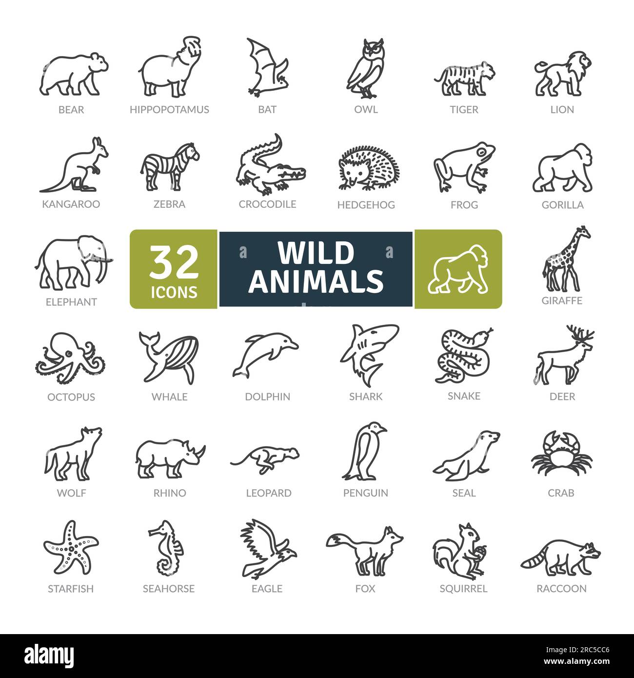 Wild Animals Icons Pack. Thin line creature icons set. Simple vector ...