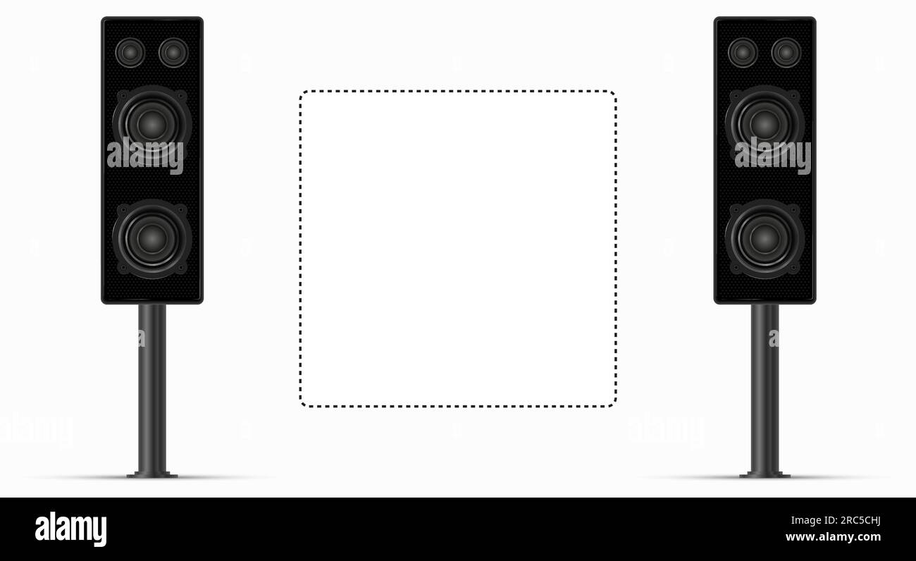 Two powerful music speakers, stereo sound, music festival template. 3D ...