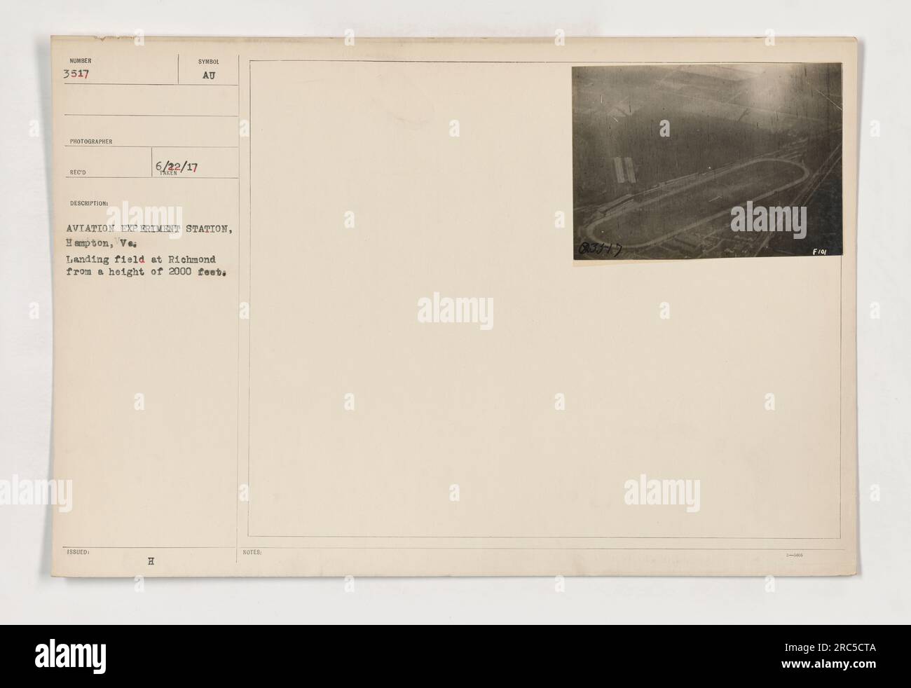 "View of Richmond landing field taken from an altitude of 2000 feet at ...