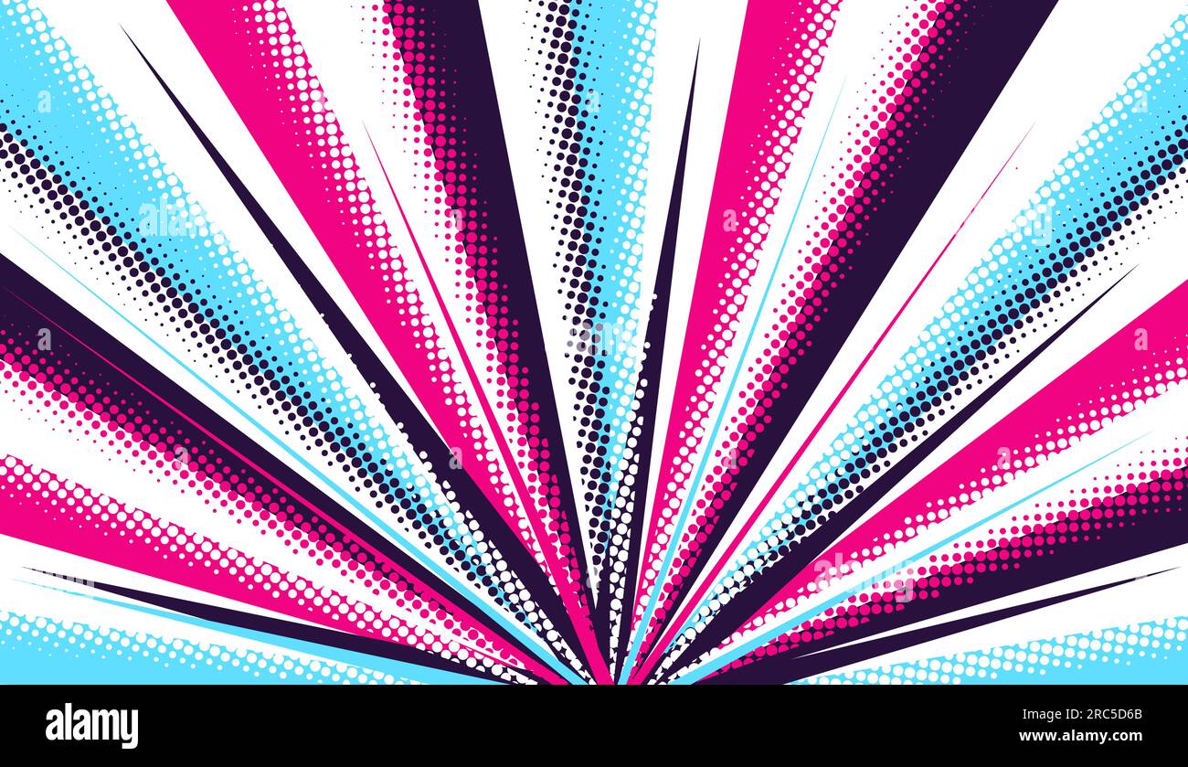 Pink-blue motley background of rays of light, explosion with halftone ...