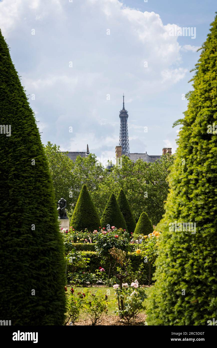 Garden of the Rodin Museum with the Eiffel Tower in the background ...