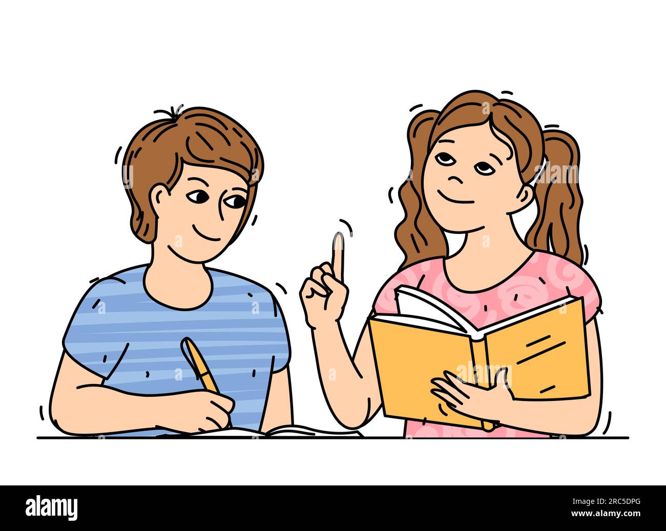 Happy kids, boy and girl. Cute children doing schoolwork together ...