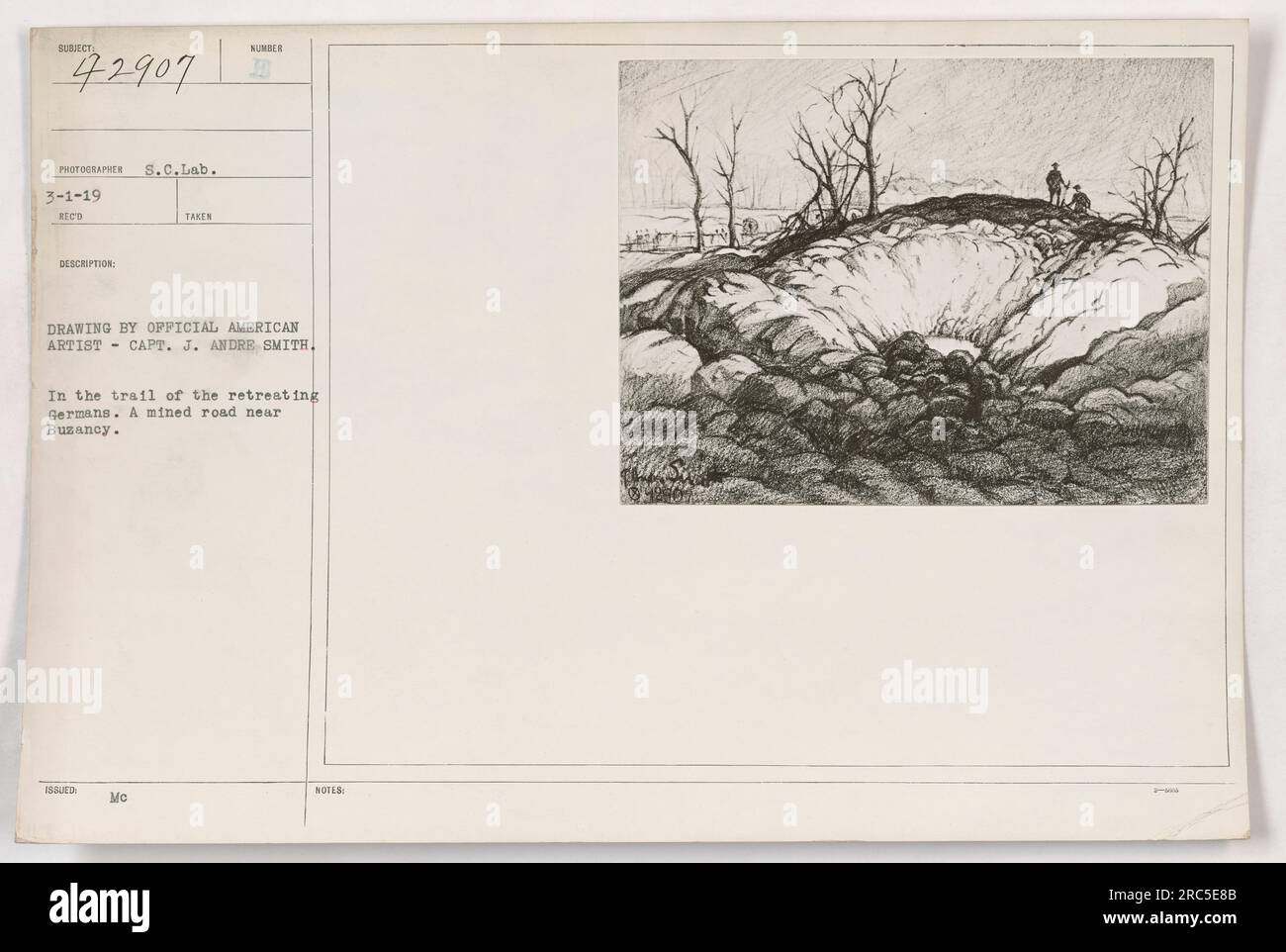 American soldiers inspect a mined road near Buzancy, as depicted in a ...