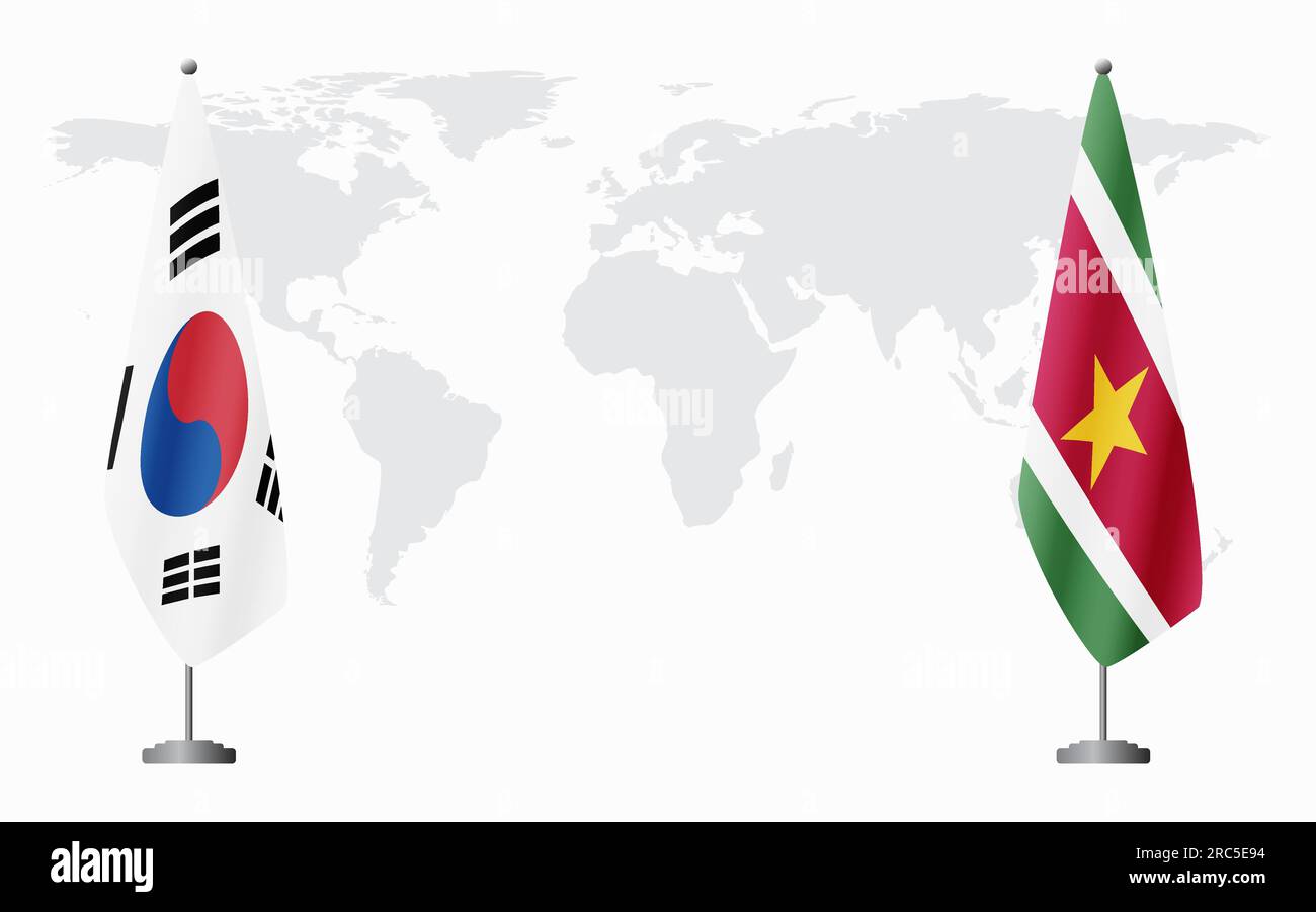 South Korea and Suriname flags for official meeting against background ...