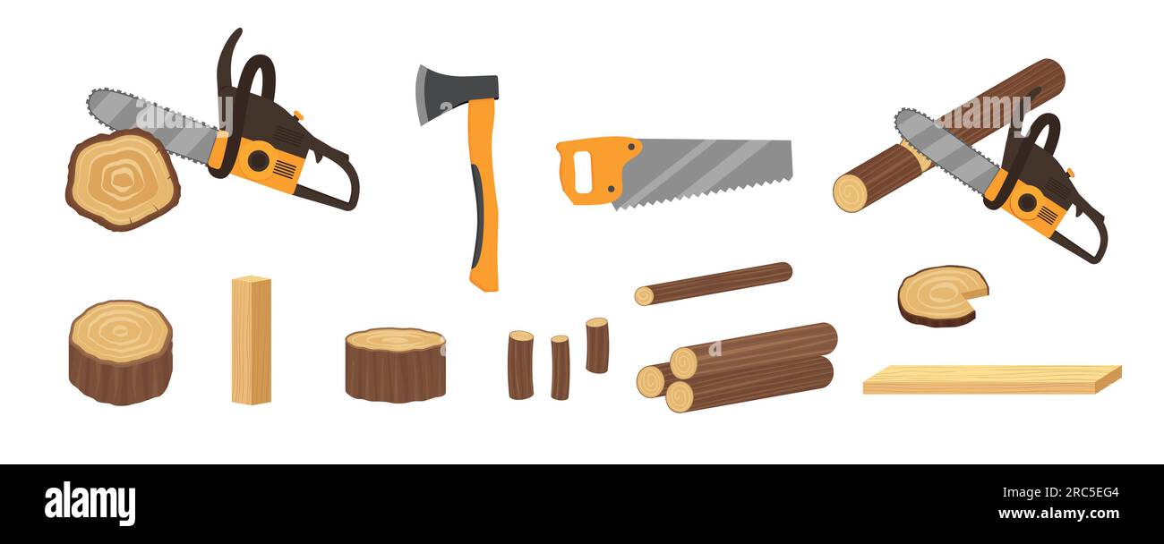 The illustration of wood and tools for cutting wood. Saws, ax, chainsaw ...