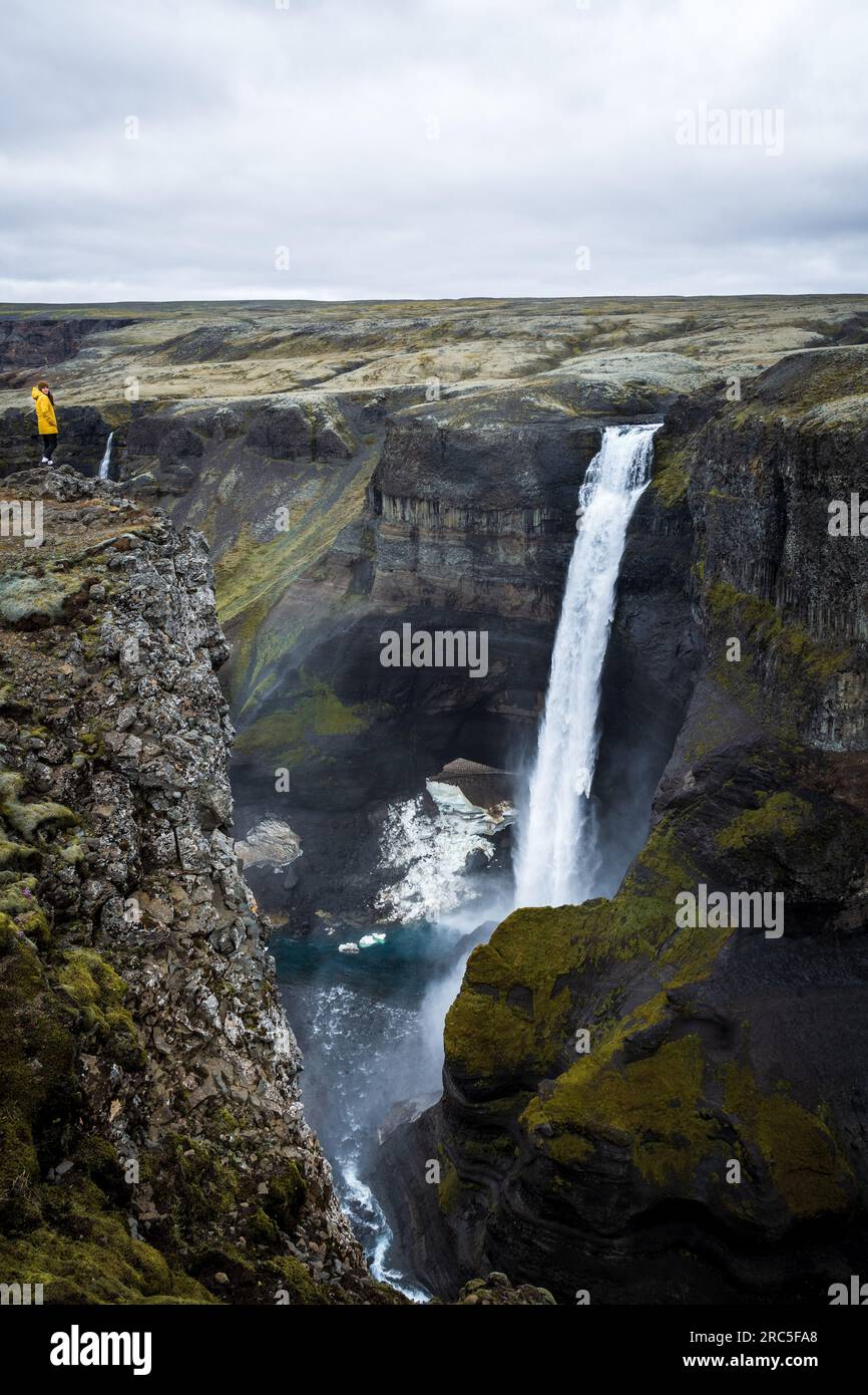 View of famous Haifoss waterfall on the Fossa river near the volcano ...