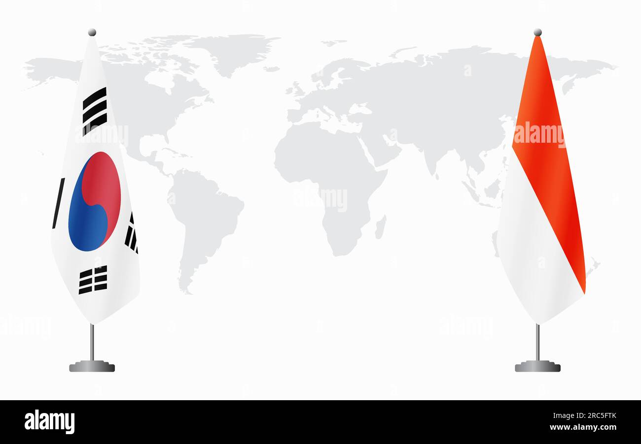 South Korea and Indonesia flags for official meeting against background ...