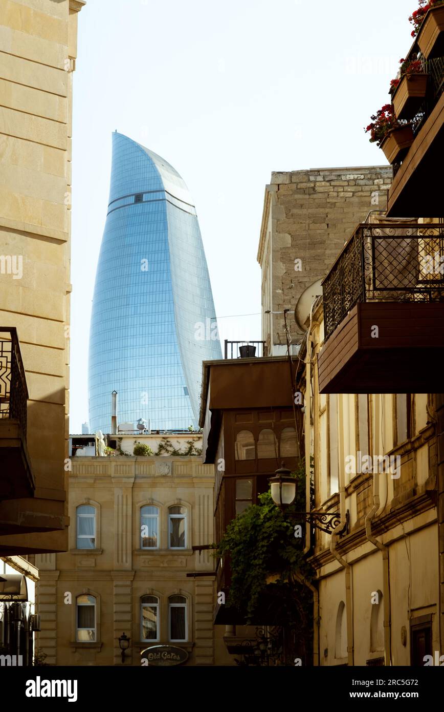 Baku, Azerbaijan - June 25, 2023: A glimpse of a Flame Tower, a modern ...