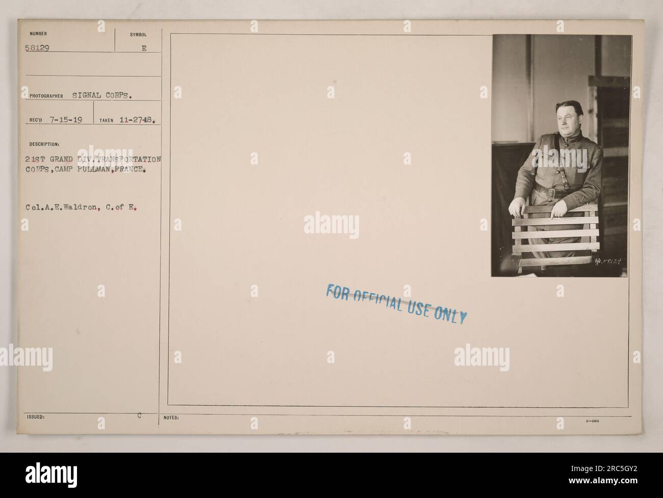 Col. A.E. Waldron of the 21st Grand Div. Transportation Corps at Camp ...