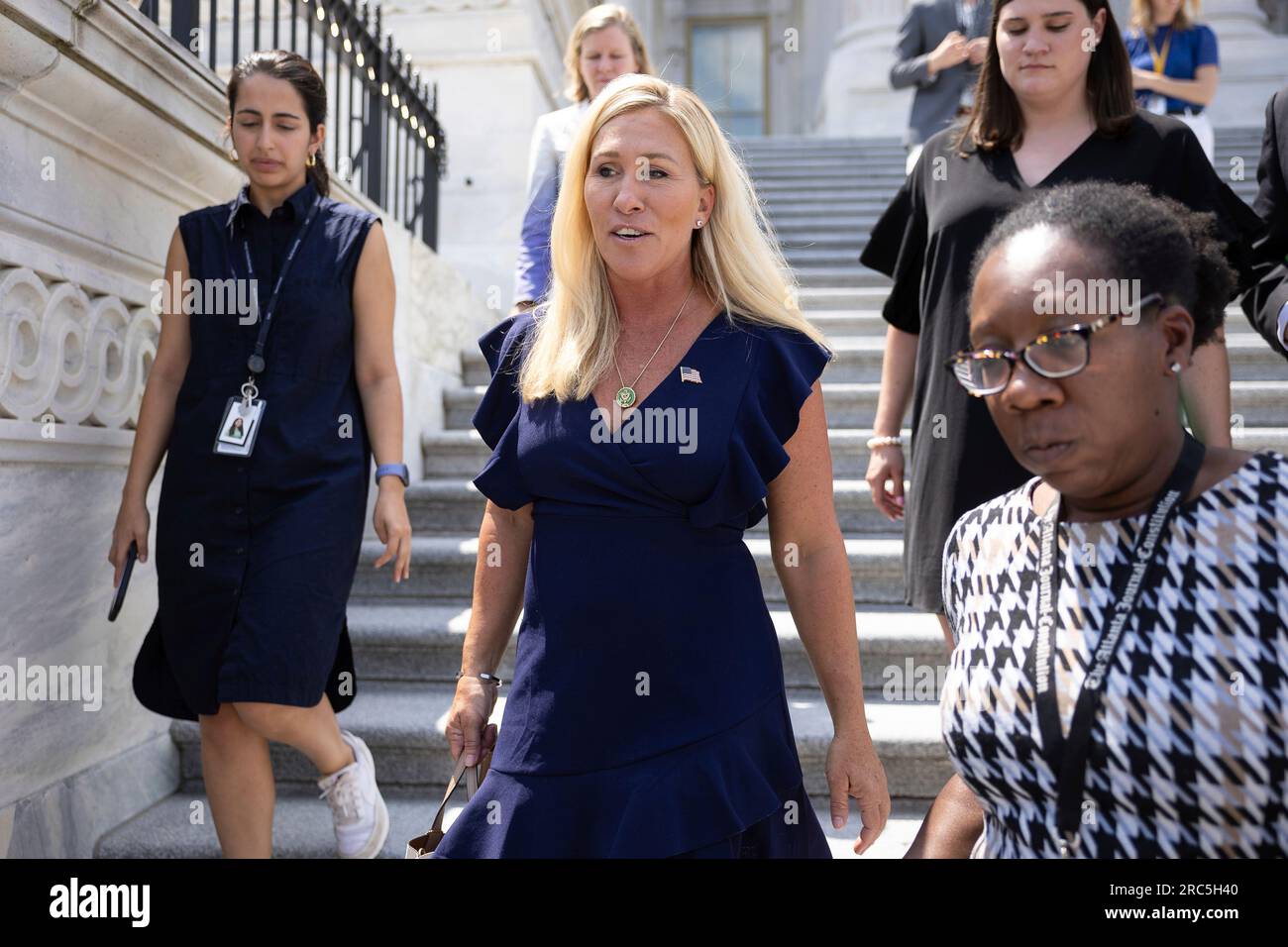 Rep. Marjorie Taylor Greene (R-Ga.) speaks with reporters as she ...
