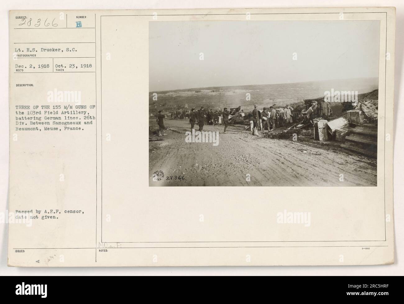 Three 155 mm guns belonging to the 103rd Field Artillery are shown ...