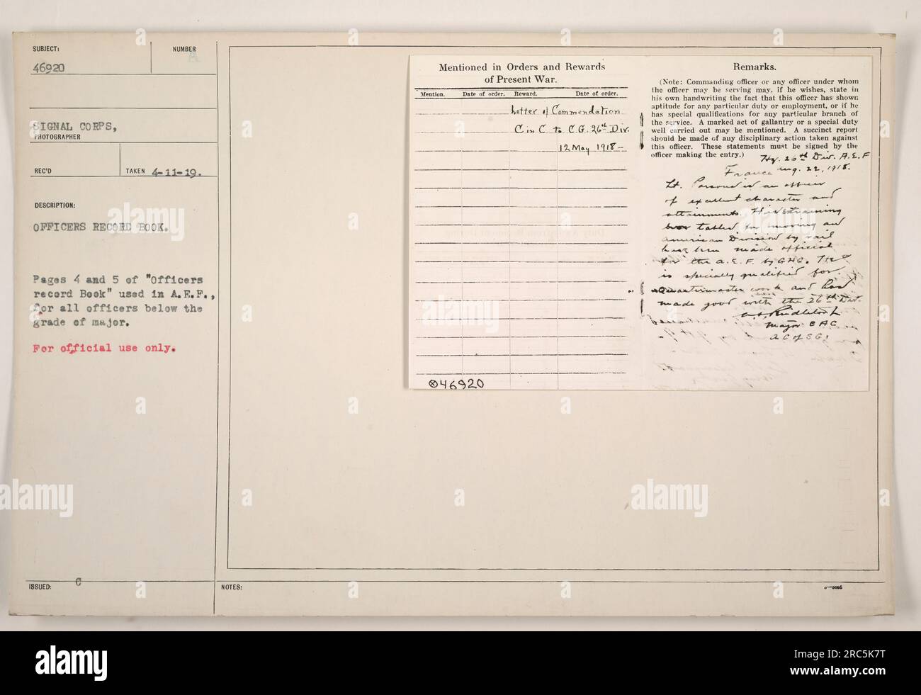 Pages 4 and 5 of an "Officers Record Book" used by the A.E.F. for ...
