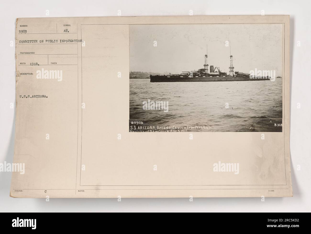 Broadside view of the USS Arizona taken on April 3, 1918. The ...