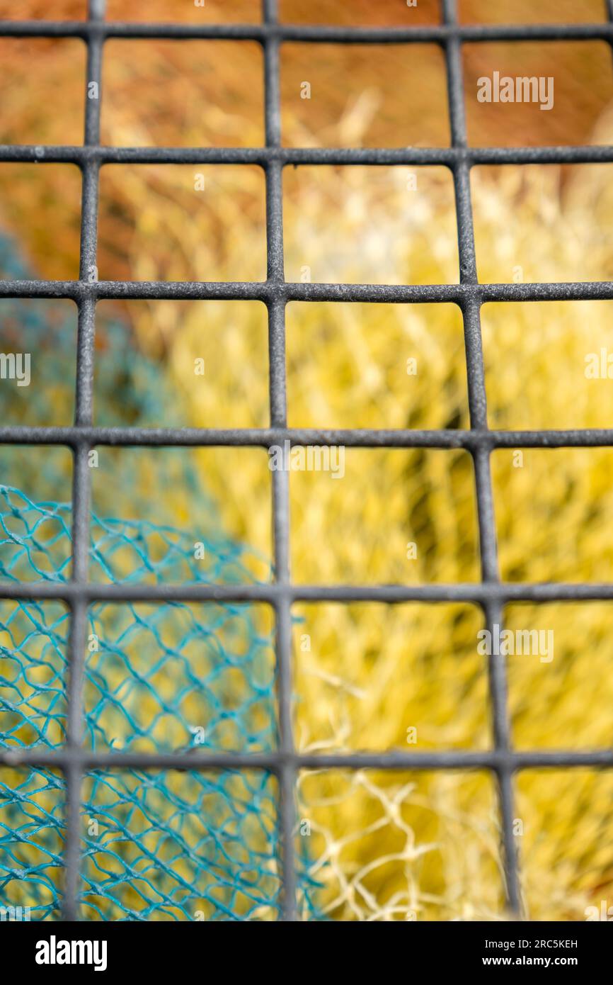 Abstract view of colorful fishing nets thru fence in quaint fishing ...