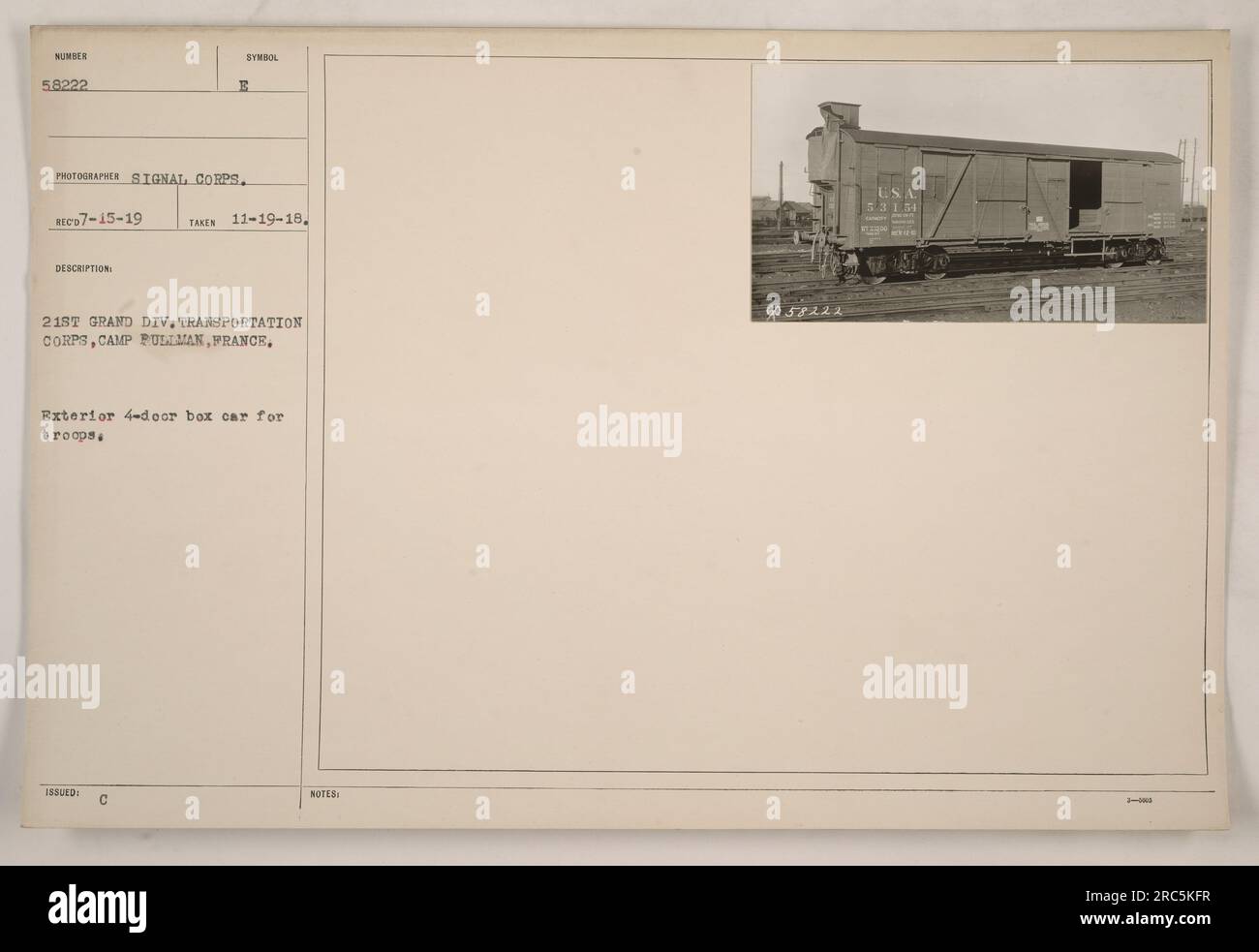 Exterior view of a 4-door box car used for transporting troops. The car ...
