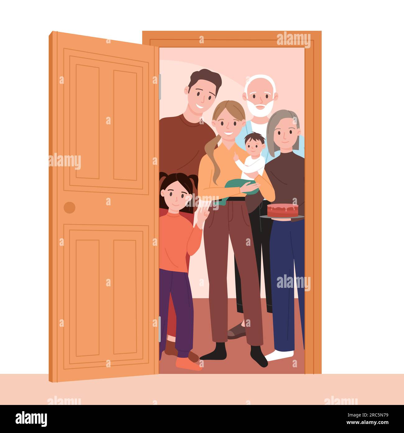 Family meet guest at open door vector illustration. Cartoon husband and ...