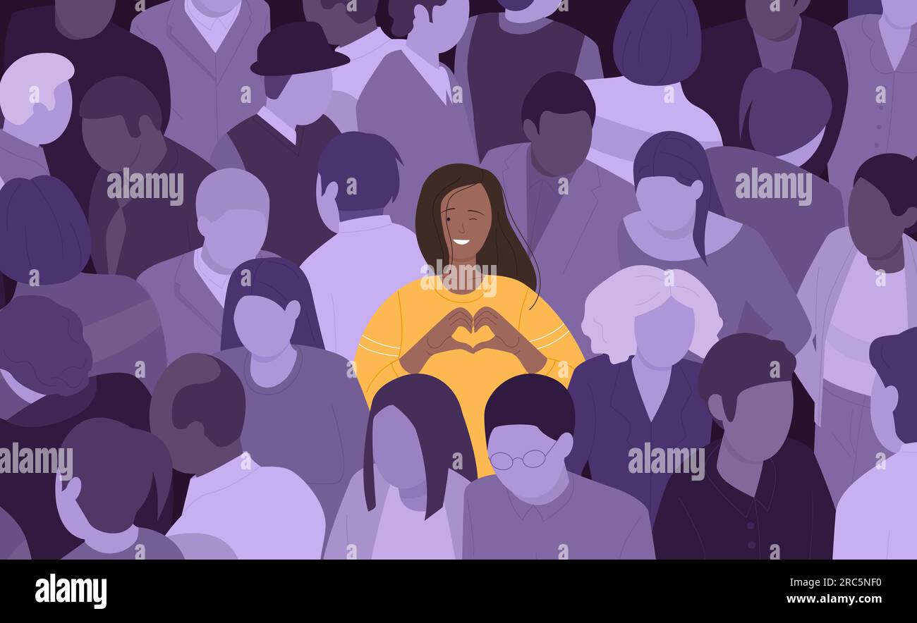 Happy Girl In Crowd Vector Illustration Cartoon Satisfied Young Woman Standing Among Group Of