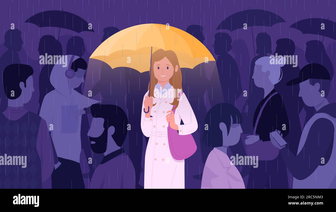Woman standing in crowd vector illustration. Cartoon happy girl holding ...