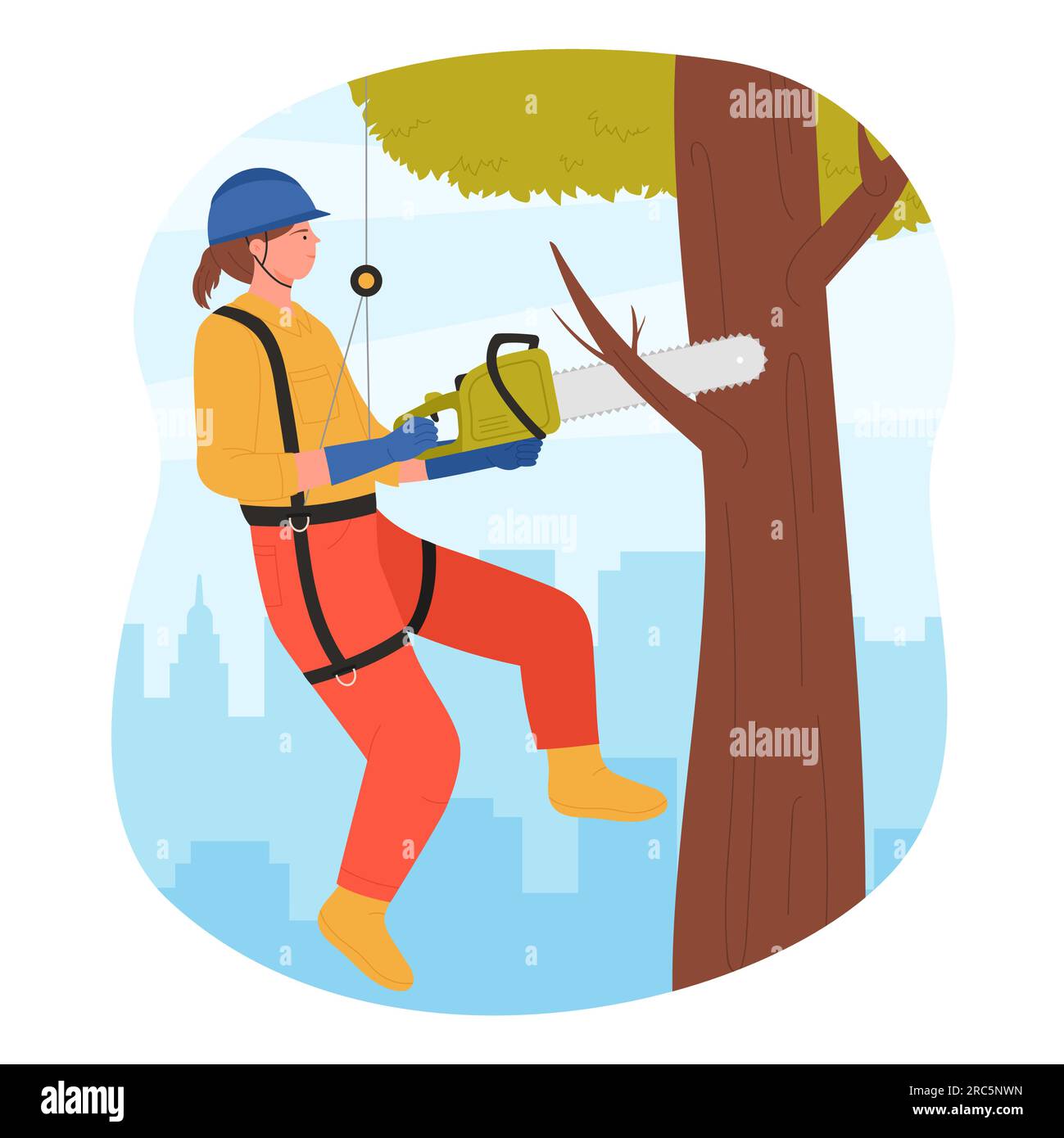Arborist with chainsaw cutting city park tree vector illustration ...