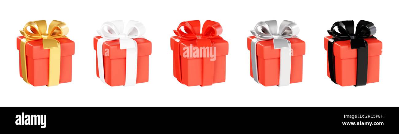 Red gift box with various ribbon and bow 3d illustration collection ...