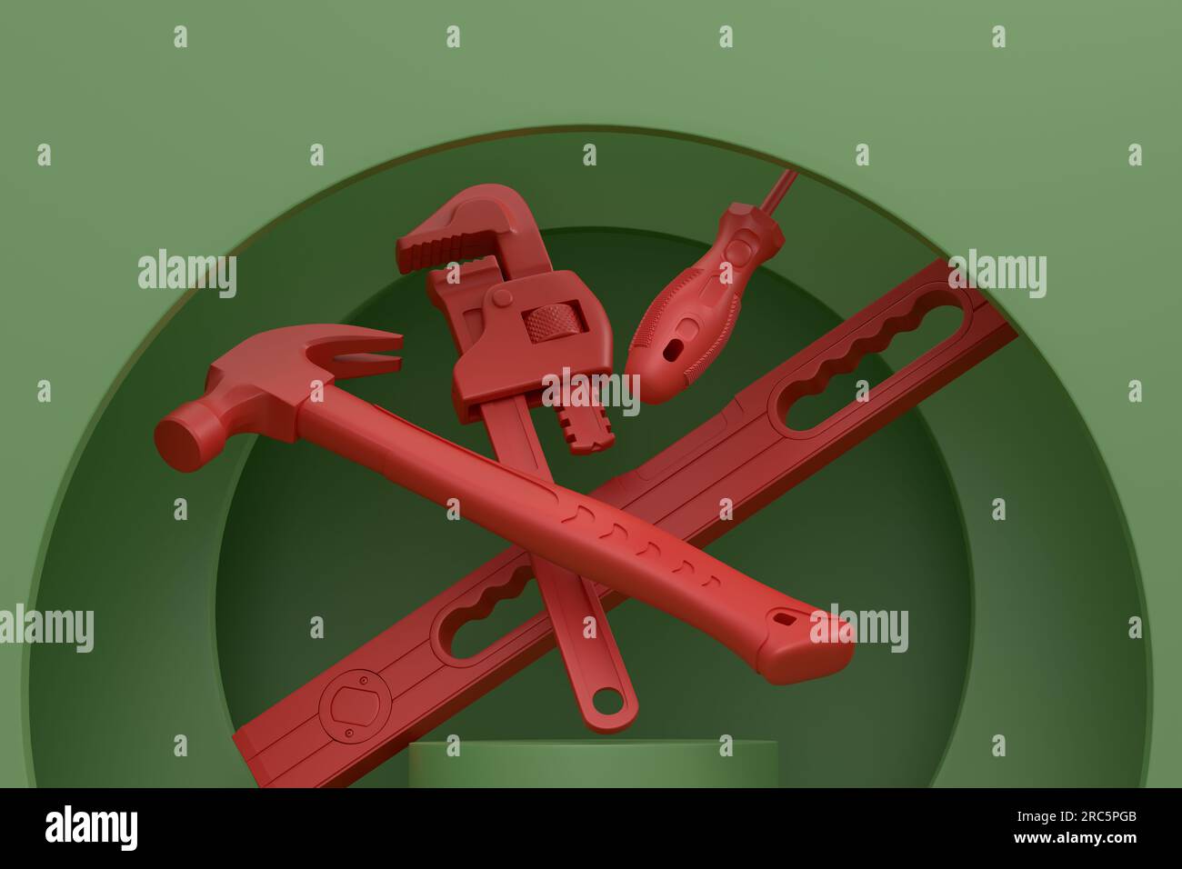 Abstract scene or podium with carpenters tools on monochrome background ...