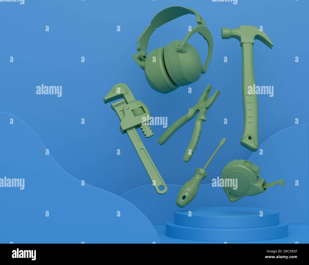 Abstract scene or podium with carpenters tools on monochrome background ...