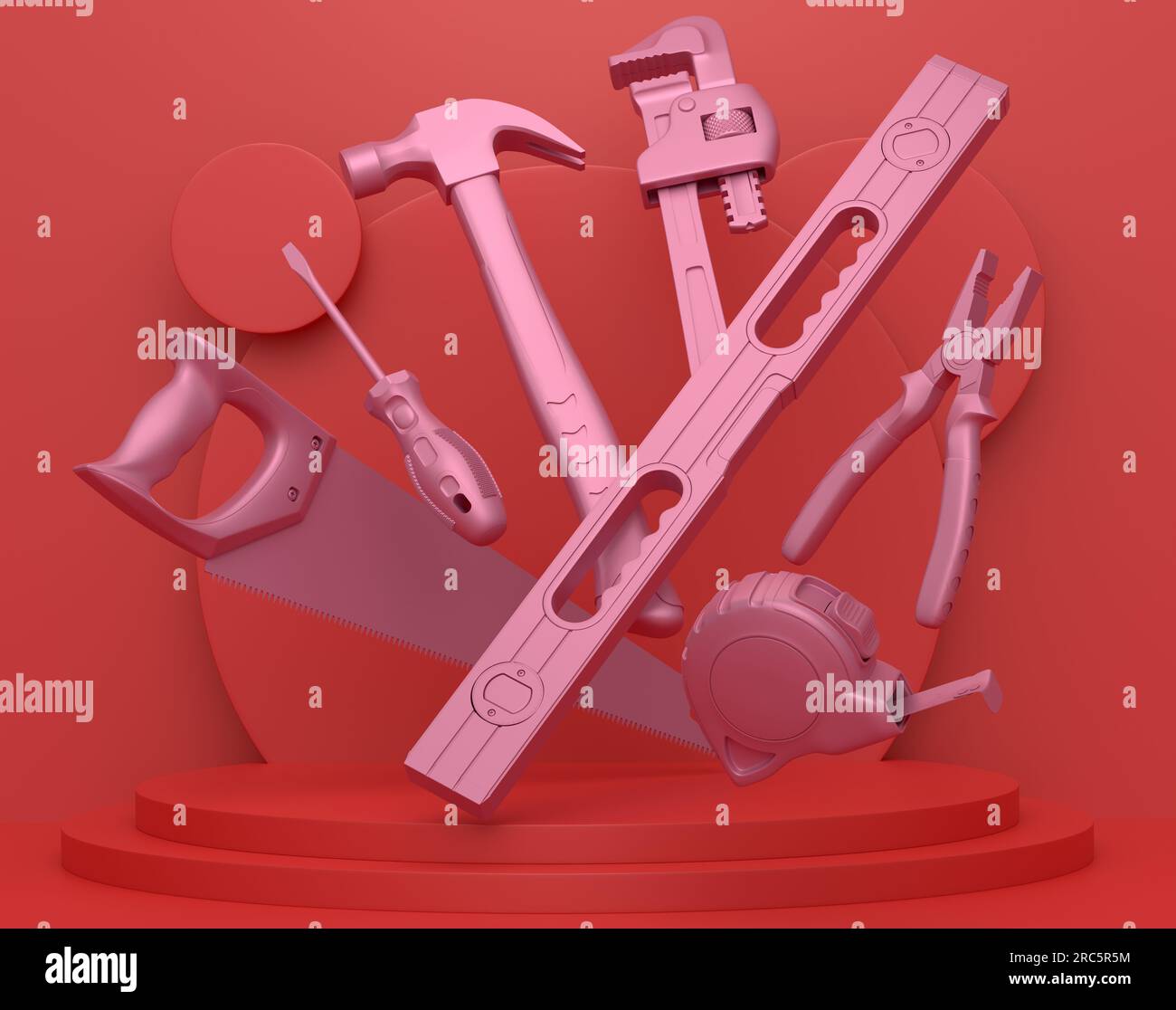 Abstract scene or podium with carpenters tools on monochrome background ...