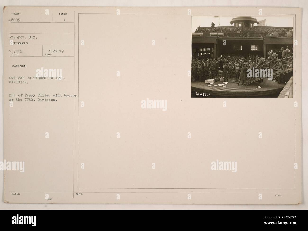 Troops of the 77th Division arrive on a ferry during World War One. The ...