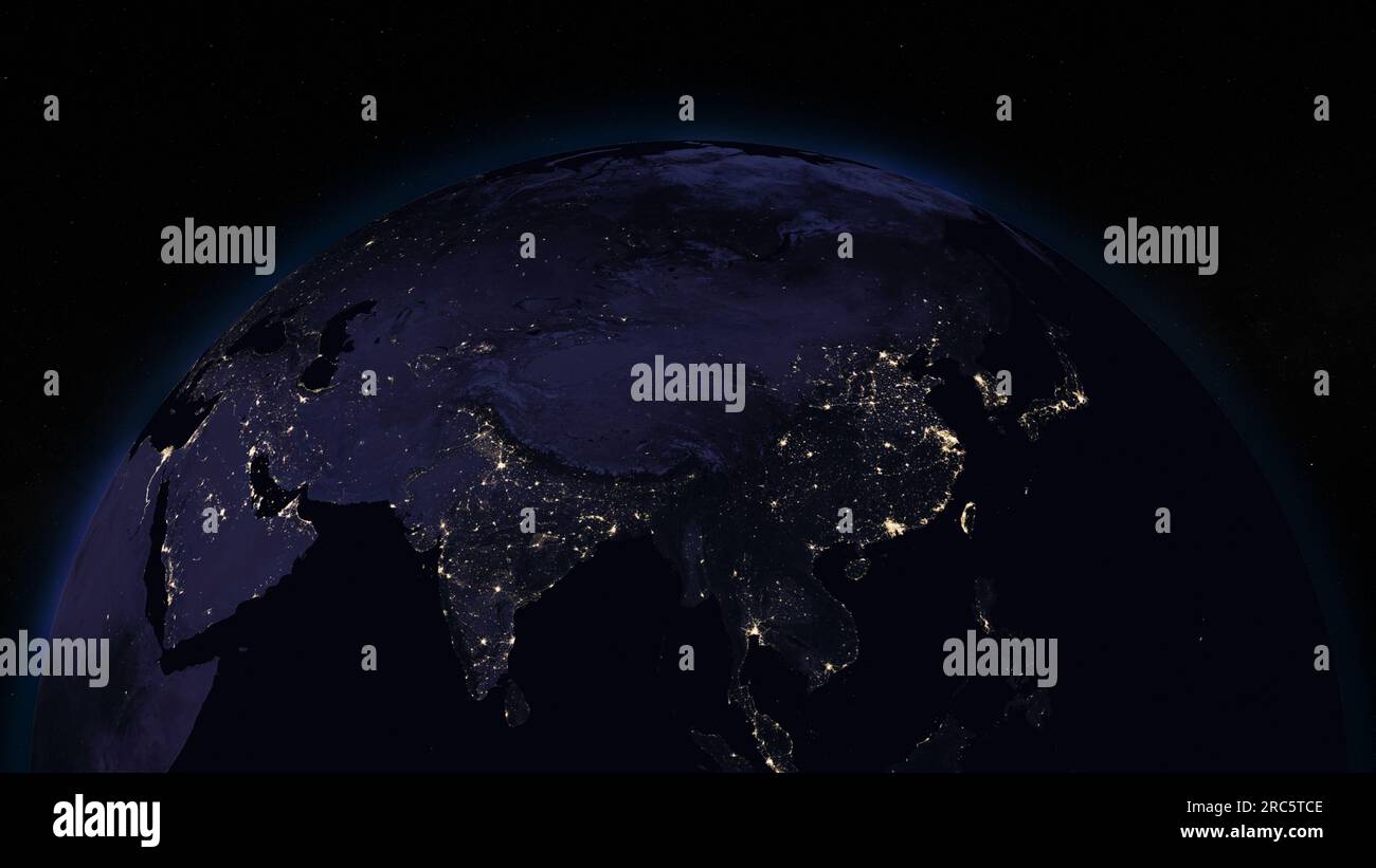 Planet Earth focused on Asia by night. Illuminated cities on dark side ...