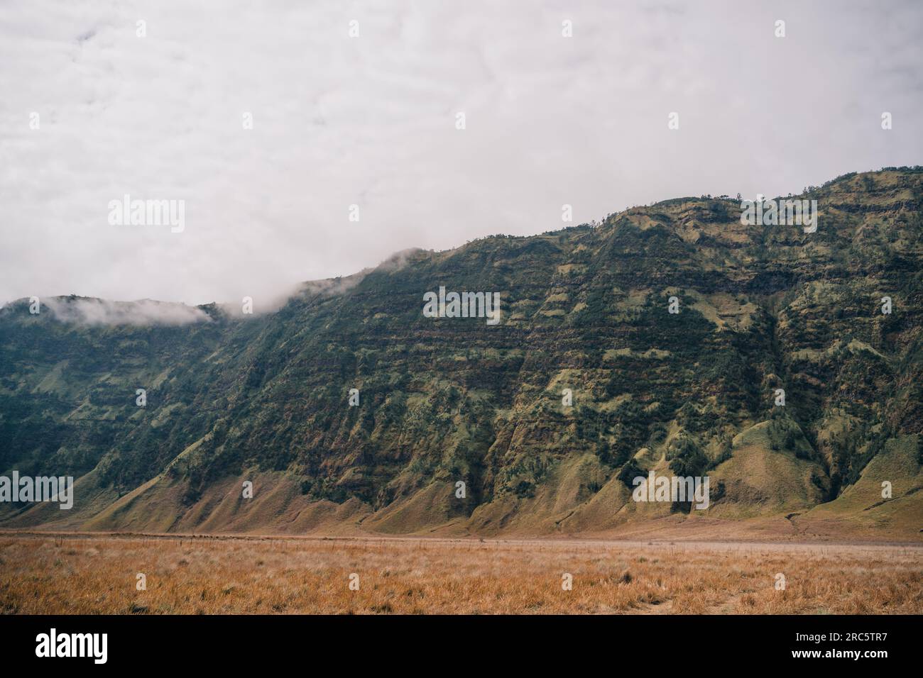 Close up shot of Bromo hills in fog. Foggy Bromo mount volcano ...