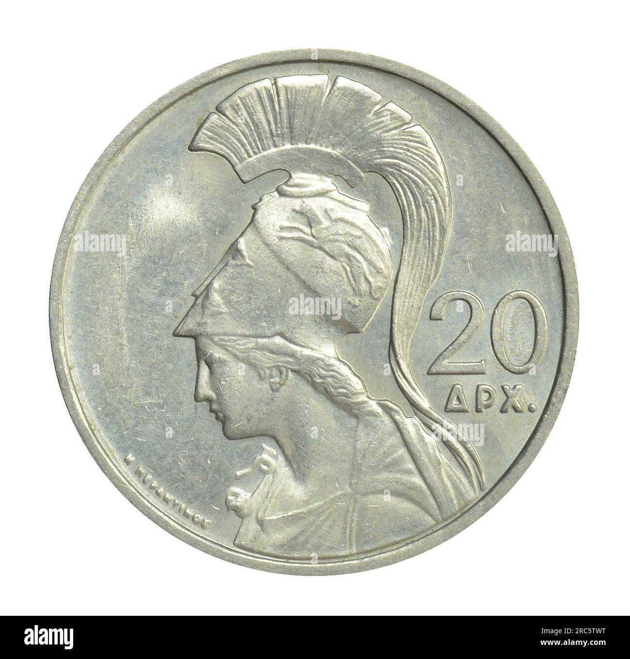 20 Drachma coin made by Greece, that shows The portrait in left profile ...