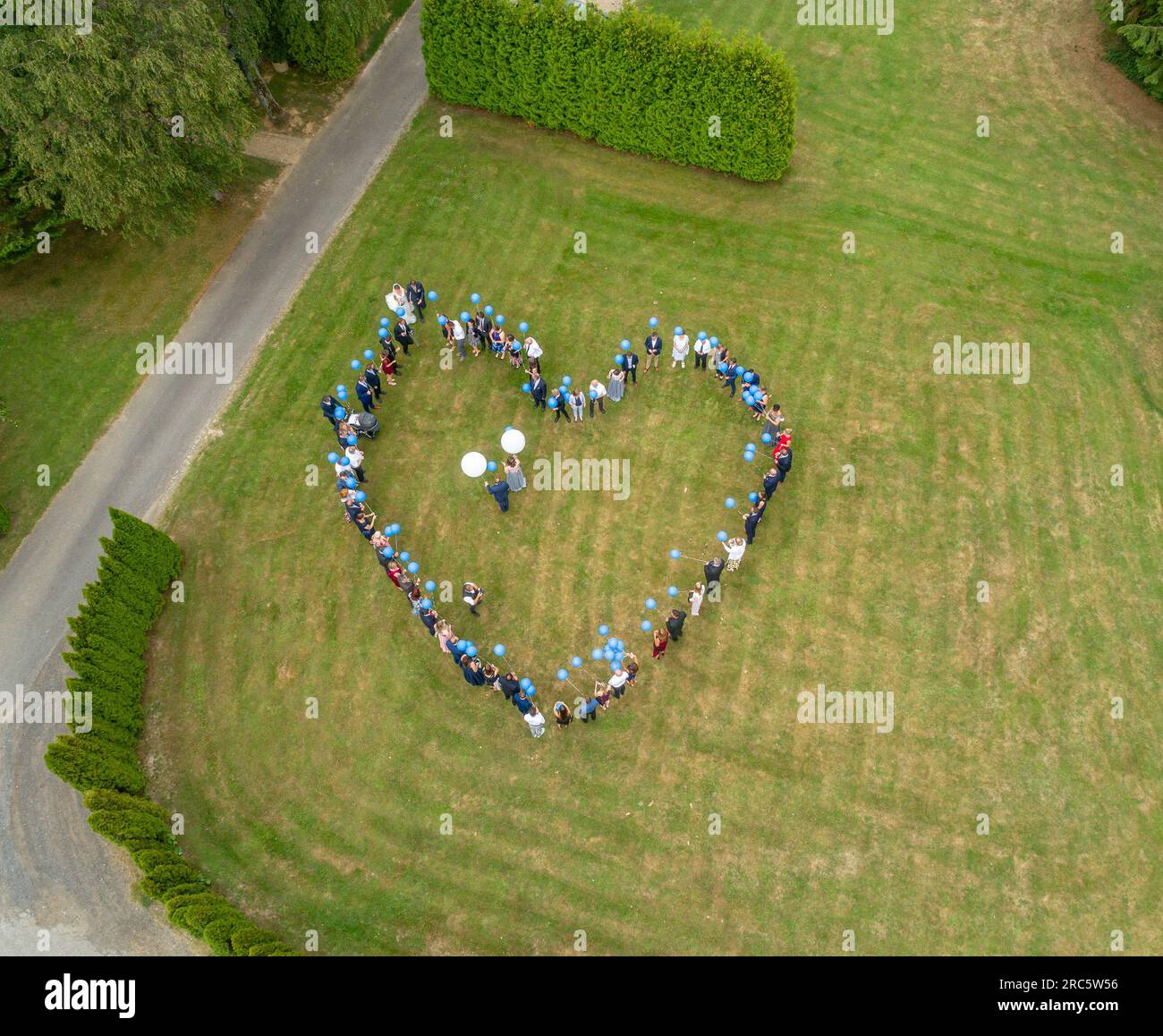 Wedding guests lined up in the shape of heart with bride and groom ...