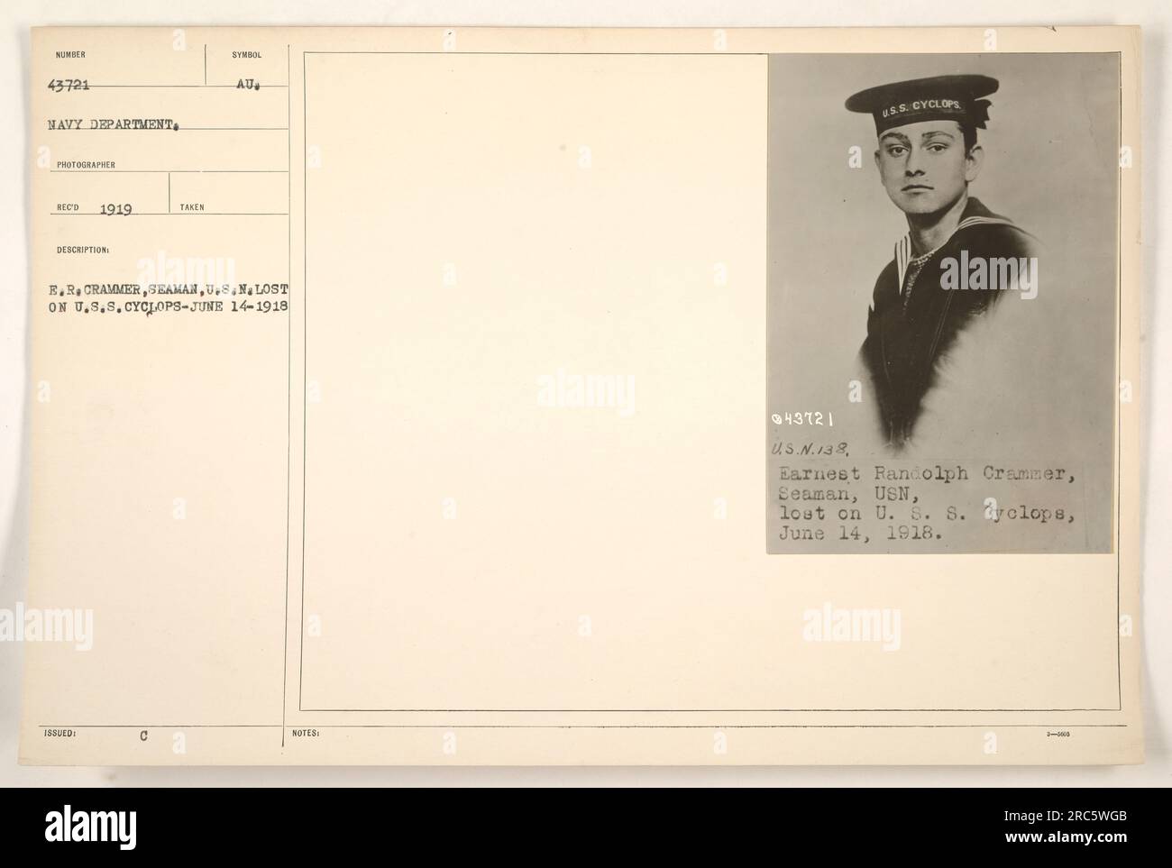 U.S. Navy Seaman, Earnest Randolph Crammer, lost on U.S.S. Cyclops on ...