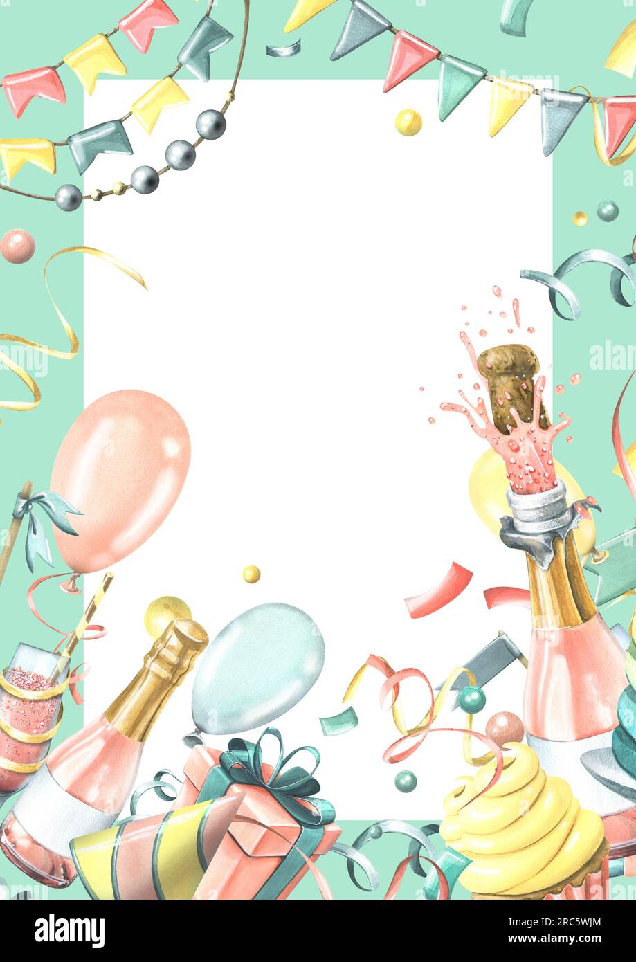Vertical birthday card with pink champagne, balloons, gifts, confetti ...