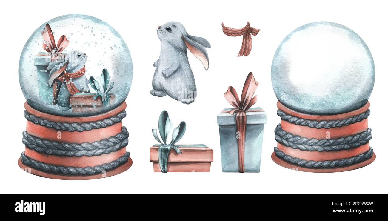 Snow globe with gift boxes and a cute bunny. Watercolor illustration ...