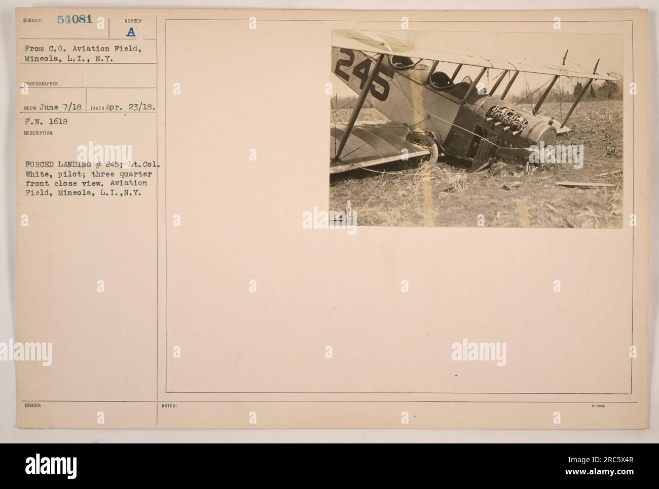 A photograph of a forced landing (#245) featuring Lt. Col. White as the ...