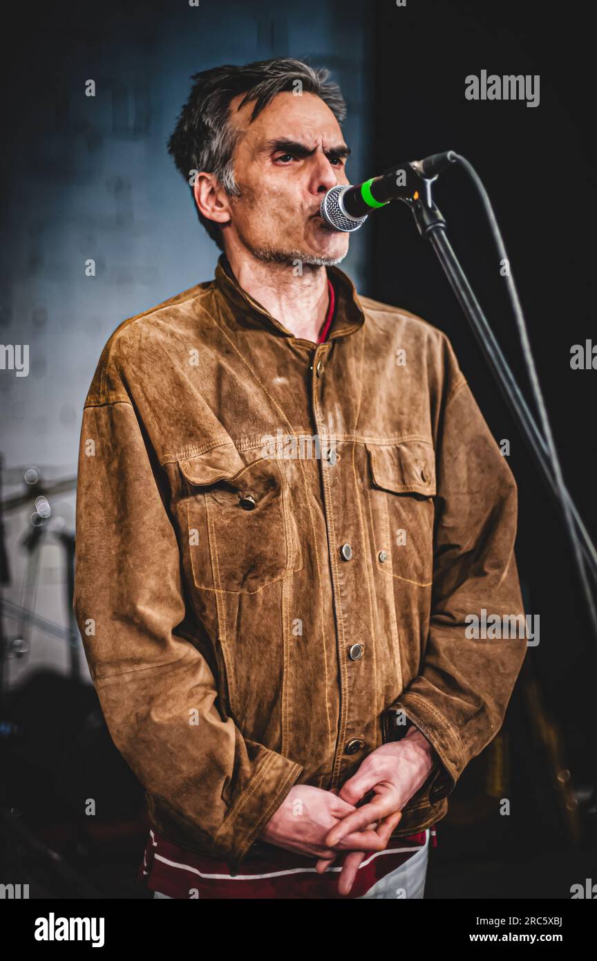 Close-up portrait of standup actor comedian on stage, talking and ...