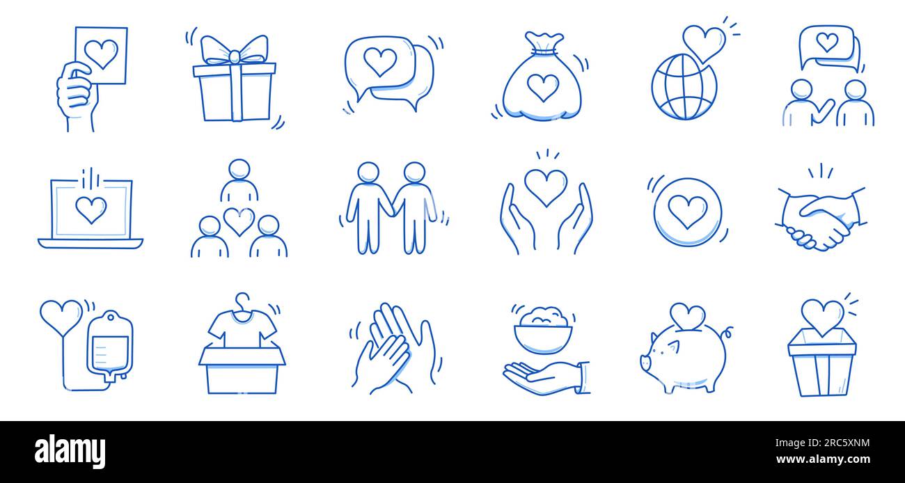 Charity hand, money, blood donation doodle line icon. Charity volunteer ...