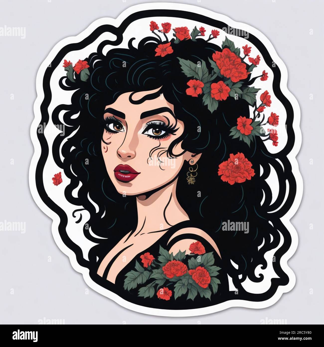 Sticker style illustration of Amy Winehouse with flowers. Tattoo design ...