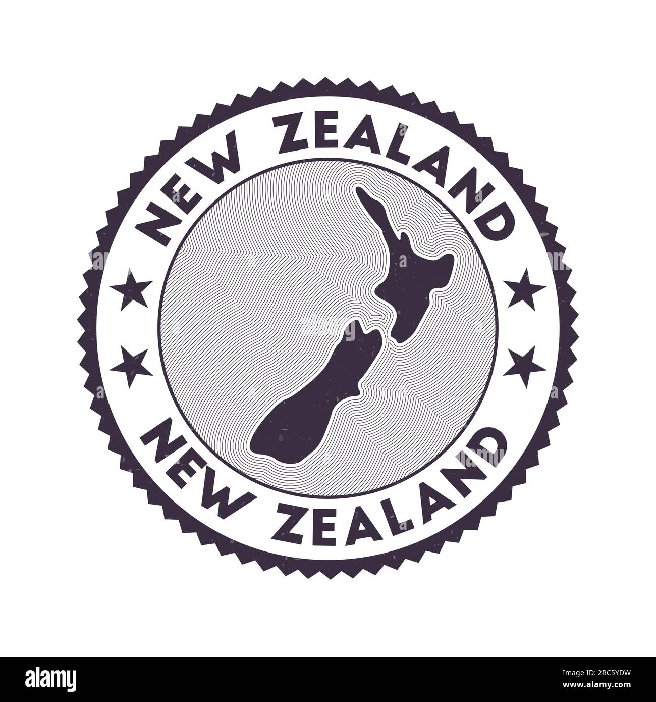 New Zealand emblem. Country round stamp with shape of New Zealand, isolines and round text ...