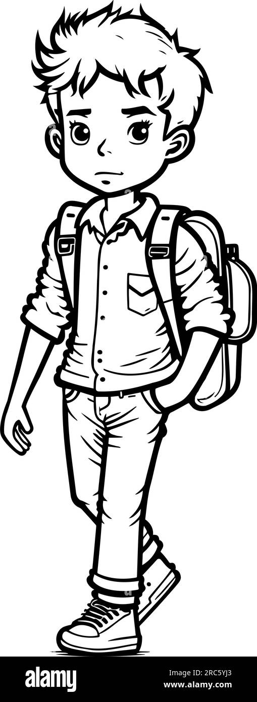 Boy with backpack walking coloring page. Back to school concept Stock ...