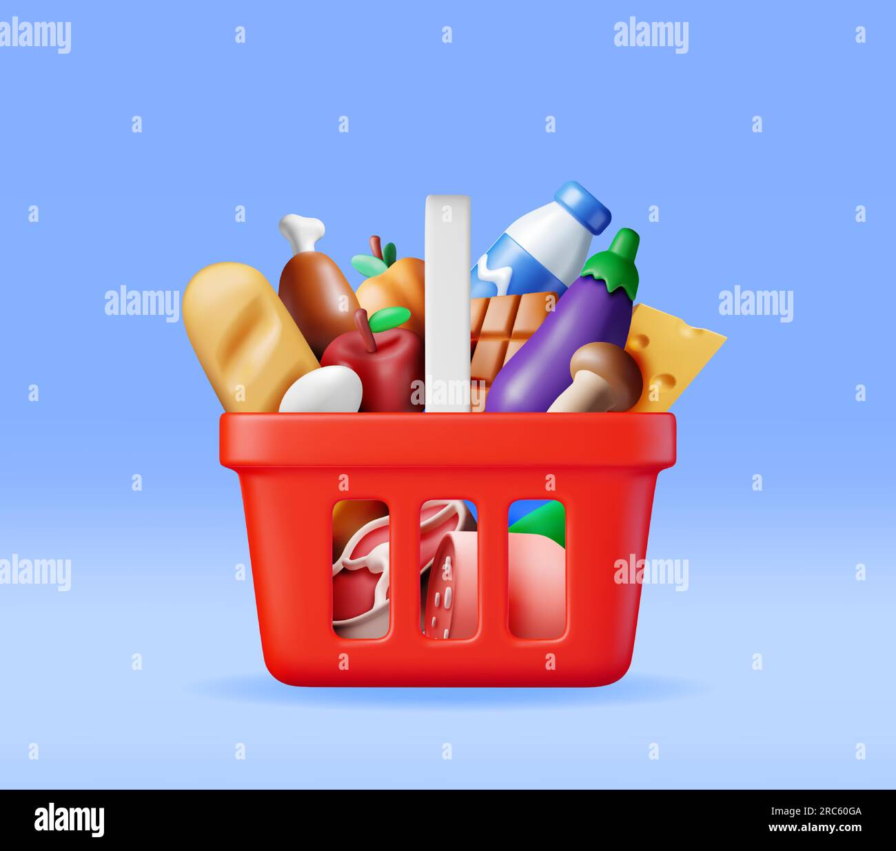 3d shopping plastic basket with fresh products render grocery store hi ...