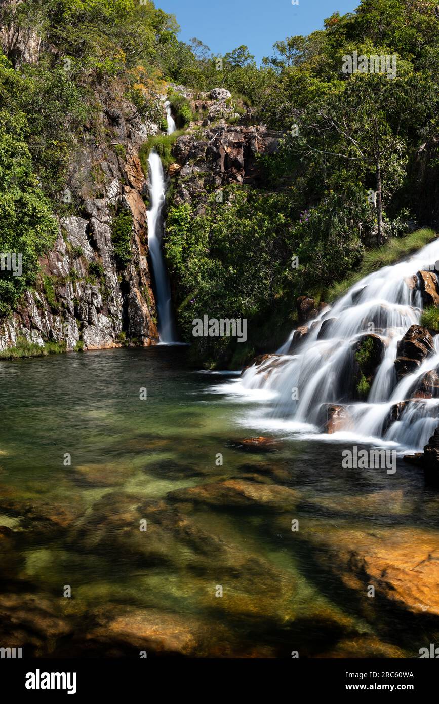 Landscape of big beautiful cerrado waterfall in the nature, Chapada dos ...