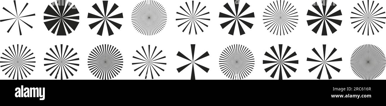 Circular bursts, beams, and rays. Monochrome graphics, optical patterns ...