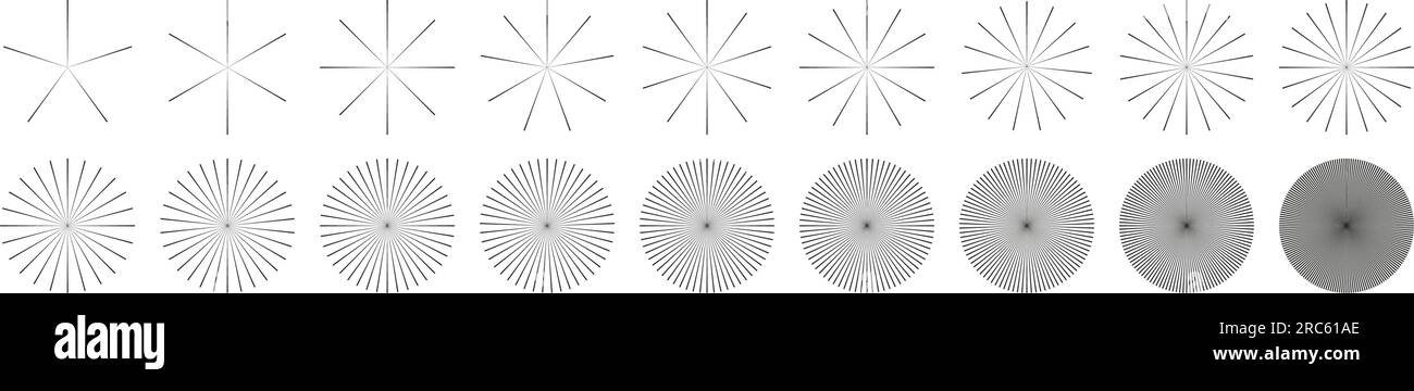 Circular bursts, beams, and rays. Monochrome graphics, optical patterns ...