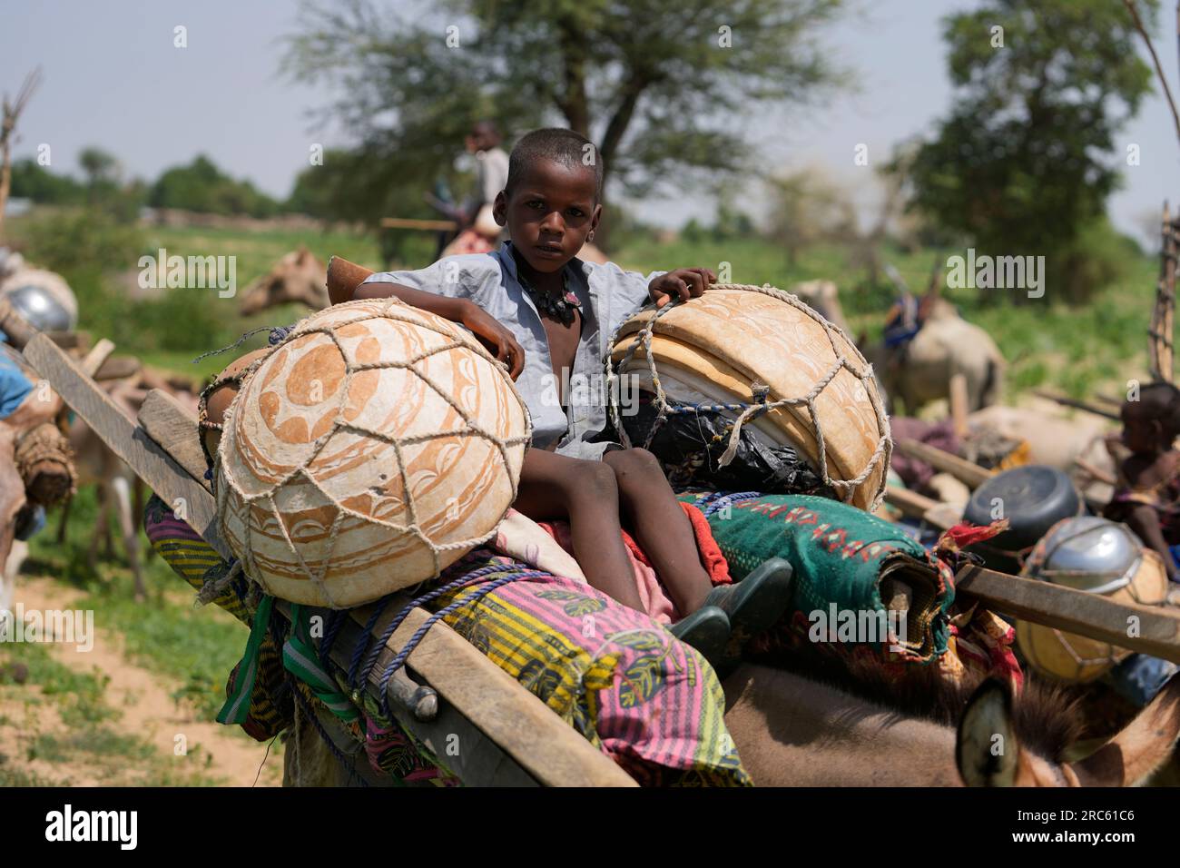 A Nomad Fulani boy travels on a donkey along Gashua road in Nigeria ...